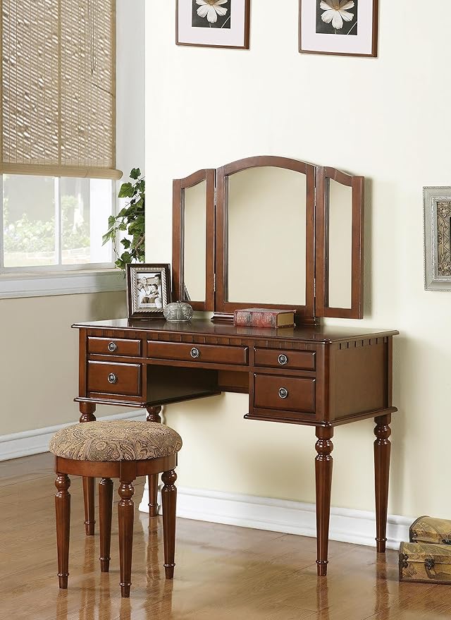 Bobkona F4071 St. Croix Collection Vanity Set with Stool, Cherry